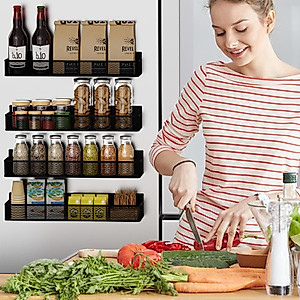 SEYHAKI Magnetic Spice Rack for Refrigerator 4 Packs Super Strong Magnetic Refrigerator Shelf Metal Magnetic Fridge Organizer Rack with Hooks Spice Organizer for Kitchen Storage