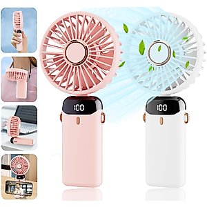 2Pack Portable Handheld Fan, 4000mAh Rechargeable Personal Fan with 5 Speeds, Hand Held/Desk/Neck Fan 3 in 1 Mini Fan with Base, LED Display Foldable Battery Operated Small Fans for Outdoor Indoor