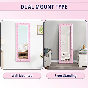Full Length Mirror with Stand – Burst-Proof, Crystal Tufted Design for Bedroom, Girls Room, and More – Large, Wall Mounted, Floor Length Mirror with Shatterproof Glass and Versatile Mounting - Pink