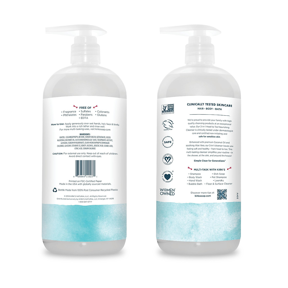 Kirk's 3-in-1 Head to Toe Nourishing Liquid Cleanser- for Men, Women & Children - Premium Coconut Oil & Aloe Vera- Non GMO & Vegan -Fragrance Free - 32 Fl Oz.