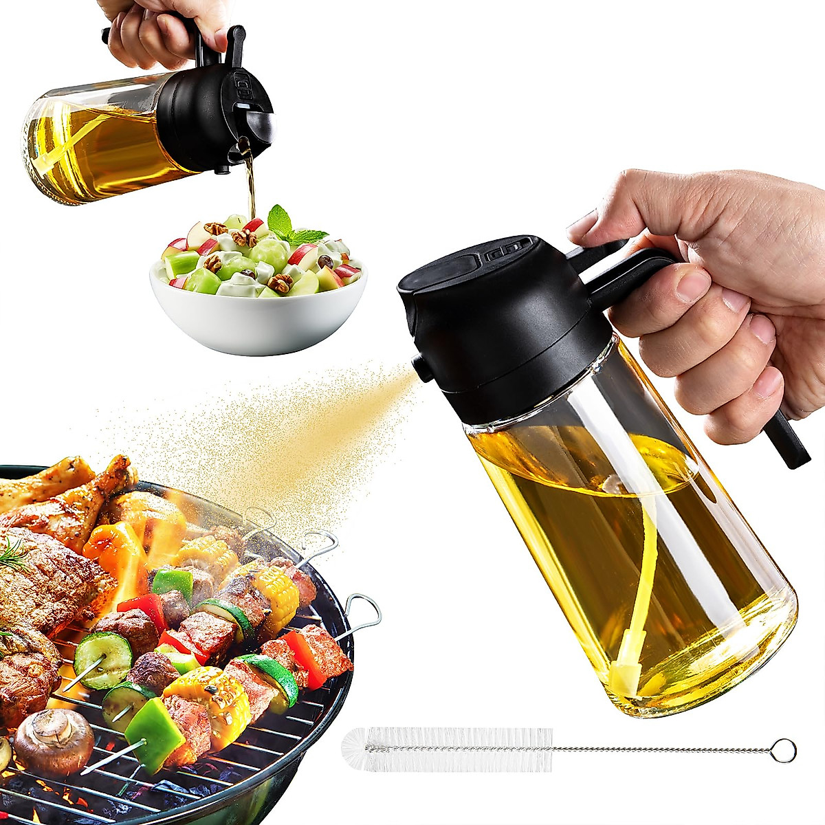 CXINYI - Oil Dispenser for Kitchen - 16oz / 470ml Olive Oil Bottle - 2 in 1 Olive Oil Dispenser & Oil Sprayer with Brush - Oil Sprayer for Cooking, Salad, Barbecue Black