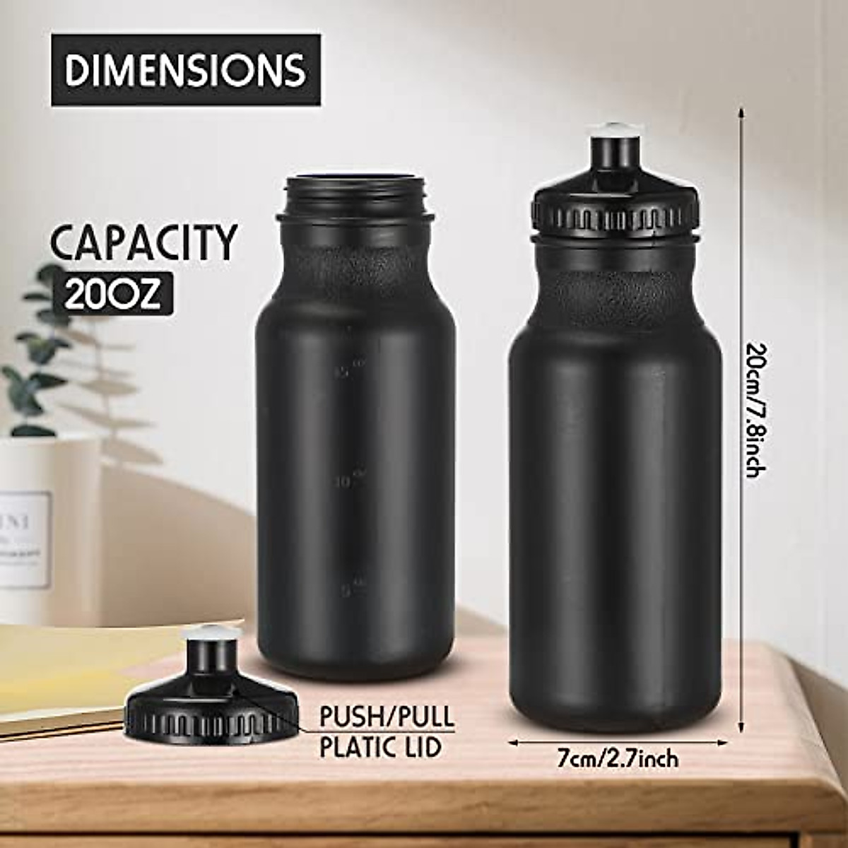 48 Pieces Squeeze Sports Water Bottles 20 oz Reusable Sport Bottle No BPA Plastic with Easy Open Leakproof Push/Pull Spout for Bike, Blank DIY, Black(Black Lid)