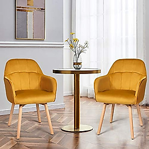 Giantex Modern Velvet Arm Dining Chairs Set of 2, Cute Chairs w/Solid Wood, Non-Slip Foot Pads, Comfortable Accent Leisure Chair for Living Room, Dining Room, Bedroom (2, Yellow)