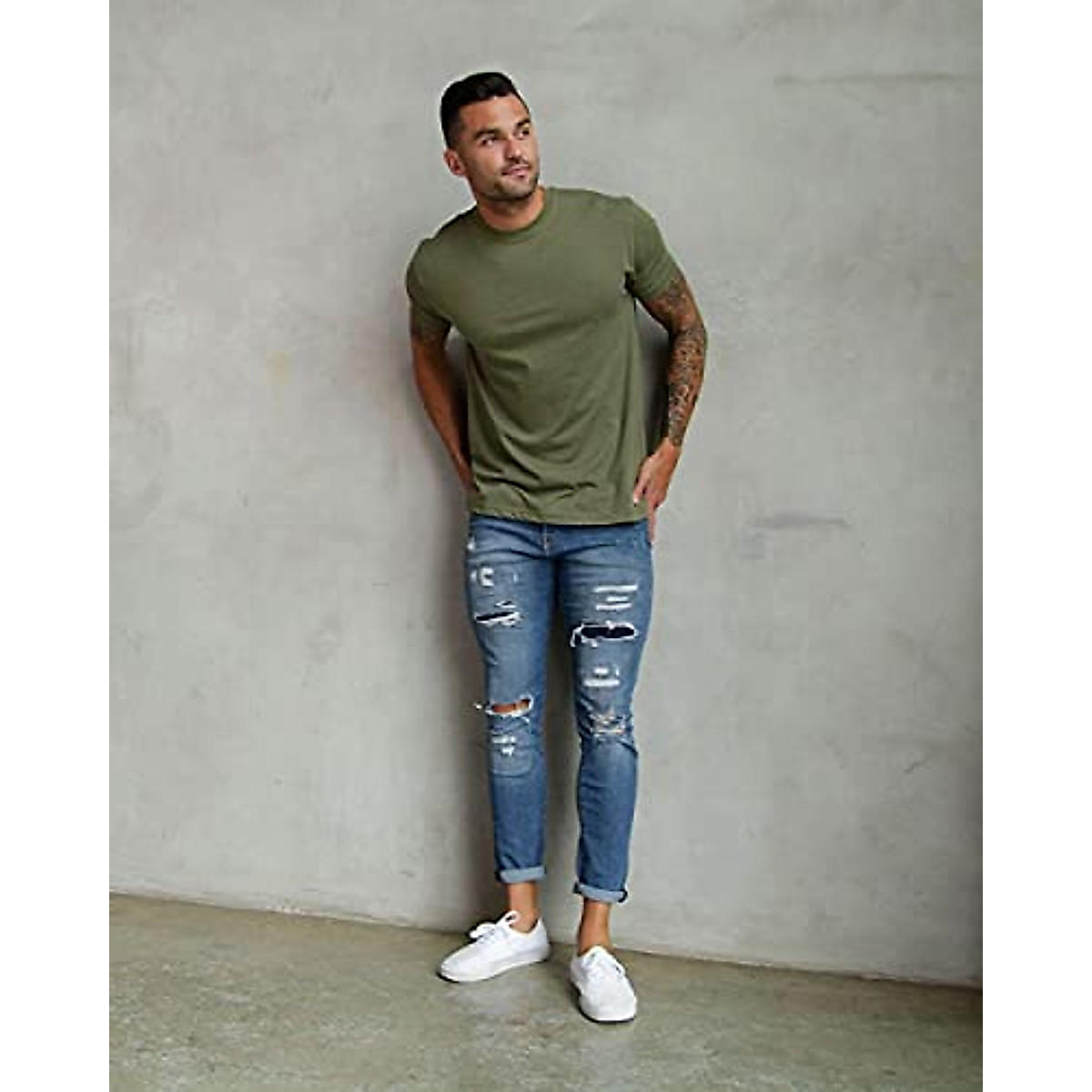 INTO THE AM Premium Mens Fitted Crew Neck Essential Tee Shirt Modern Fit Fresh Classic (Olive Green, X-Large, Short Sleeve)