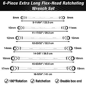 DURATECH Extra Long Flex-Head Ratcheting Wrench Set, Double Box End Wrench Set, 6-Piece, Metric 8-19mm, CR-V Steel, with Pouch