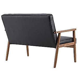 EPOFIT Modern Solid Wood Loveseat Sofa, Upholstered Faux Leather Love Seat, Small Couch 2 Seater with Wooden Arm for Living Room, Bedroom, Small Spaces, Office, Black