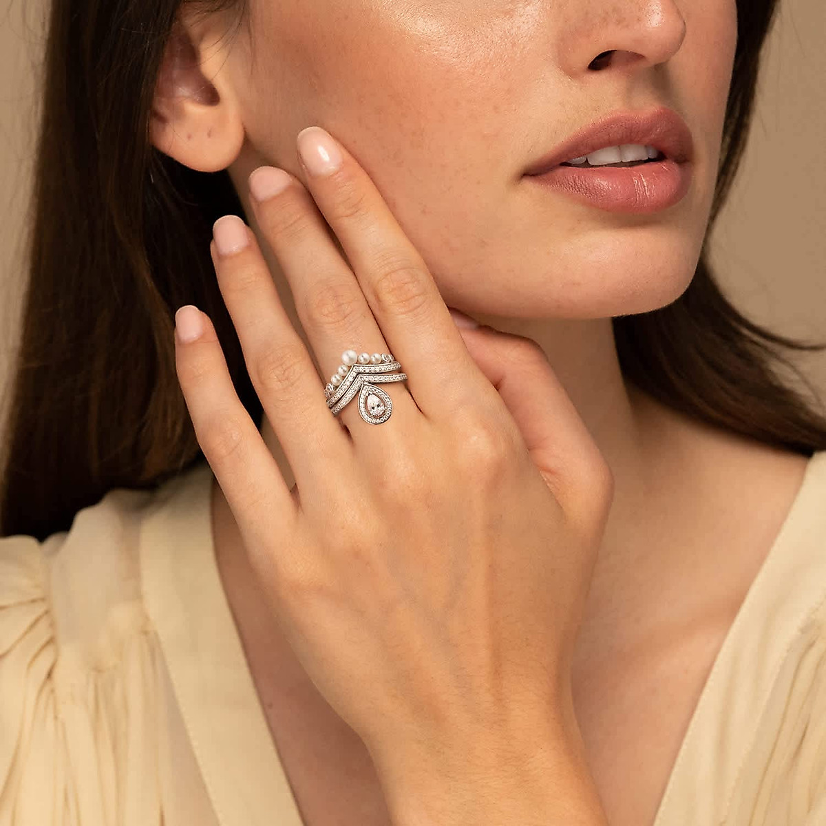 Kemstone 925 Sterling Silver Rings Water Droplets and Pearl 2 Piece Ring Sets for Women (8)