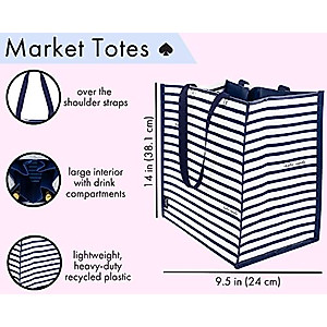 Kate Spade New York Reusable Shopping Bag, Grocery Tote with Shoulder Straps, Large Collapsible Tote, Navy Painted Stripe