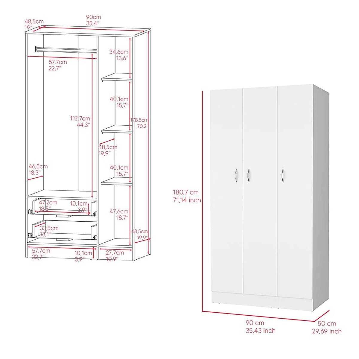 Wardrobe Erie with Four Storage Shelves, Two Drawers and Three Doors -White.