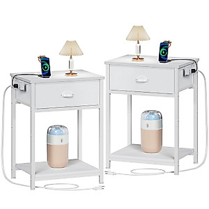 Furologee White Nightstands Set of 2 with Charging Station, Small Bed Side Table with Fabric Drawer for Small Spaces, 2 Tiers Storage Shelves End Table for Living Room, Bedroom, Dorm