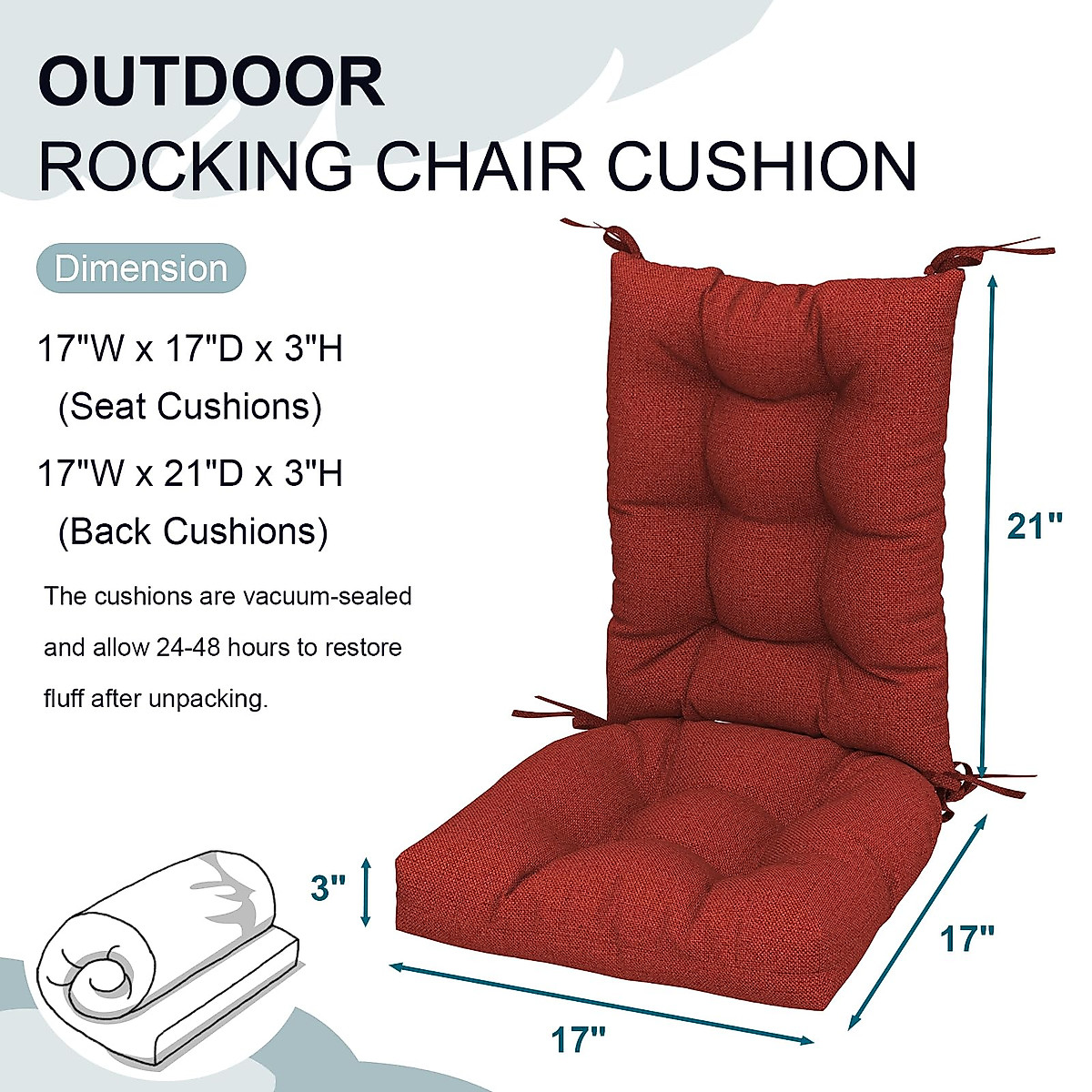 DYTXIII Pack of 2 Rocking Chair Cushion Set with Seat & Back,Water Repellent Patio Tufted High Back Seat Cushions with Ties for Indoor Outdoor Porch Rocker(21"x17"Back,17"x17"seat,Brick Red)