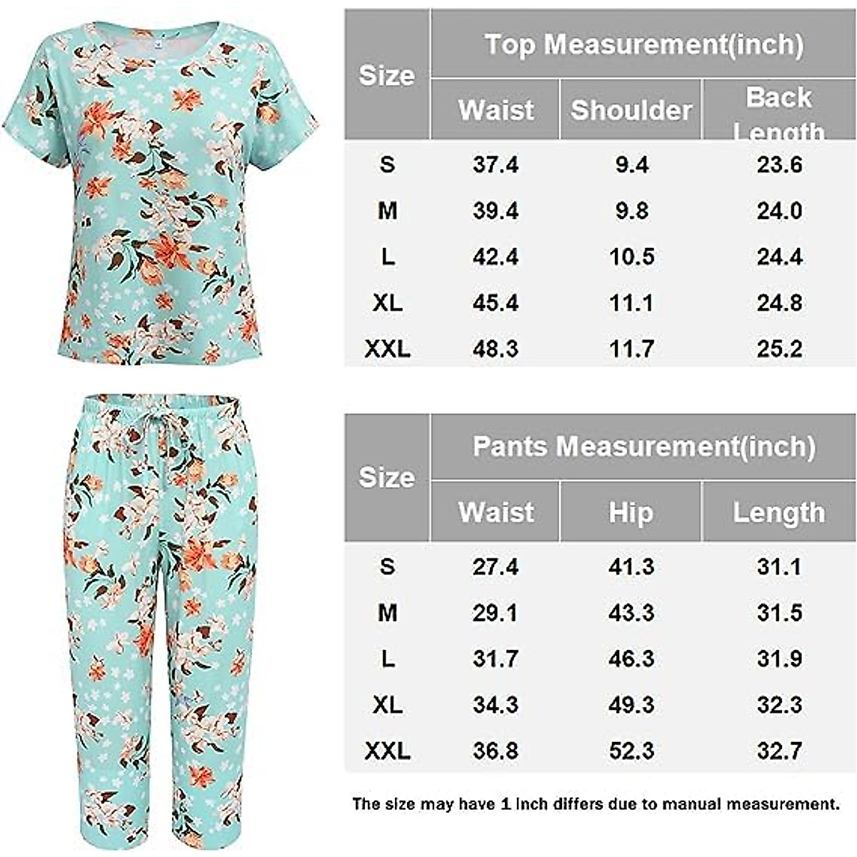Ekouaer 2 Pack: Womens Pajamas Short Sleeve Sleepwear Tops and Capri Pants Pjs Print Pajama Sets Black Flowers Navy Blue XXL