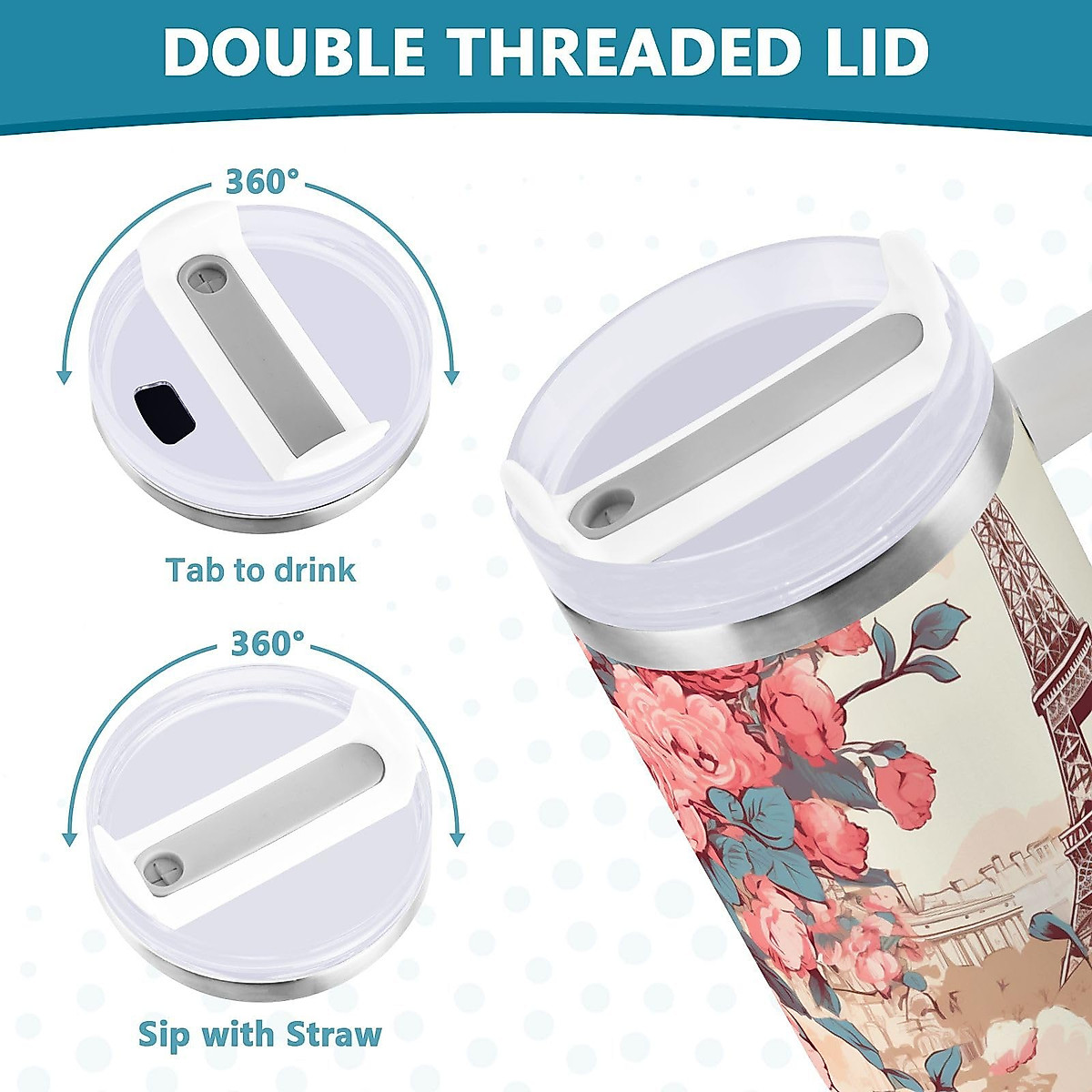 ALAZA Roses Flowers Eiffel Tower 40 oz Tumbler Water Bottle with Straw Lid and Handle,Reusable Insulated Stainless Steel Cup for Women Men Travel Car Cup Holder