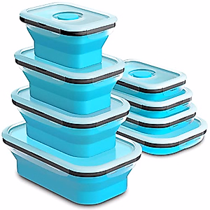 Set of 4 Collapsible Foldable Silicone Food Storage Container With BPA Free, Leftover Meal Box With Airtight Plastic Lids For Kitchen (Blue)