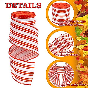 Whaline 2 Rolls Fall Thanksgiving Wired Ribbon Autumn Farmhouse Wired Edge Ribbon Orange Stripe Craft Ribbon for Bow Making Gift Wrapping Sewing Wreath Decoration, 2.5 Inch, 12 Yard