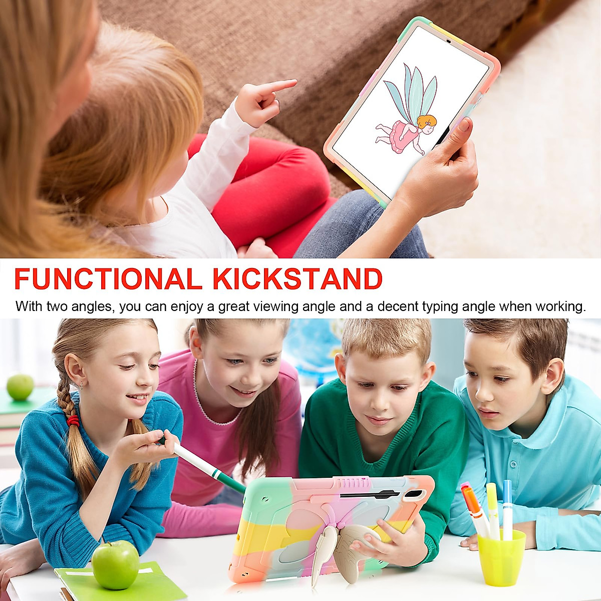 for Galaxy Tab S8 Plus Case for Galaxy Tab S7 FE Case with Screen Protector Butterfly Stand Strap Dolls Pencil Holder Hard Cover Kids Girls for Galaxy Tab S8+ 2022/S7 FE 2021/S7+2020 12.4''-Pink
