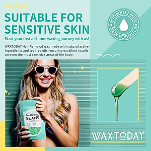 Hard Wax Beads - WAXTODAY Hair Removal Hard Wax Beans for Sensitive Skin with Tea Tree Formula(15.8 oz) - Brazilian Waxing for Full Body, Face, Legs, Eyebrows. Perfect Refill for Any Wax Warmer