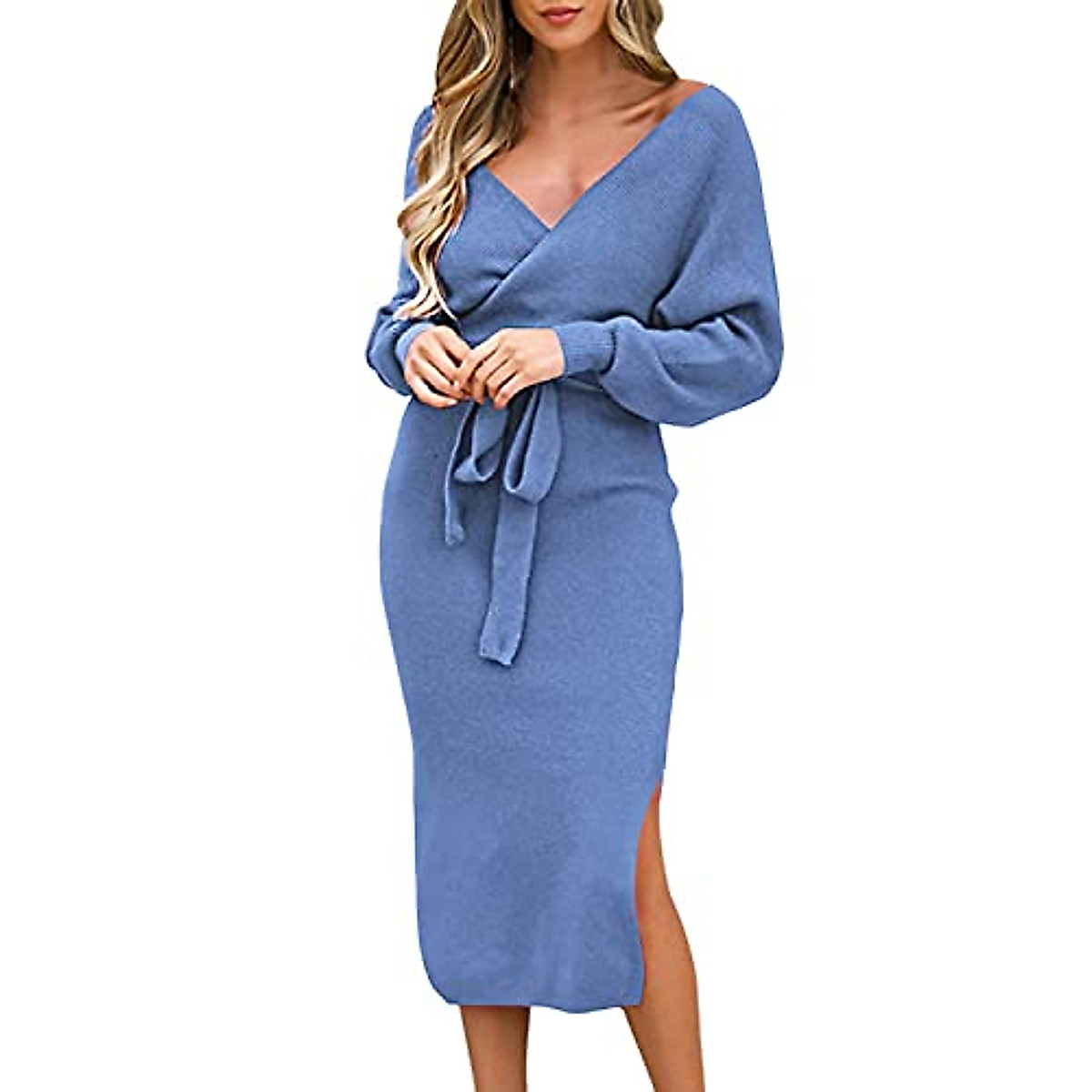 Selowin Women Elegant V Neck Wrap Backless Bodycon Batwing Sleeve Slit Belted Knited Sweater Dresses Blue X-Large