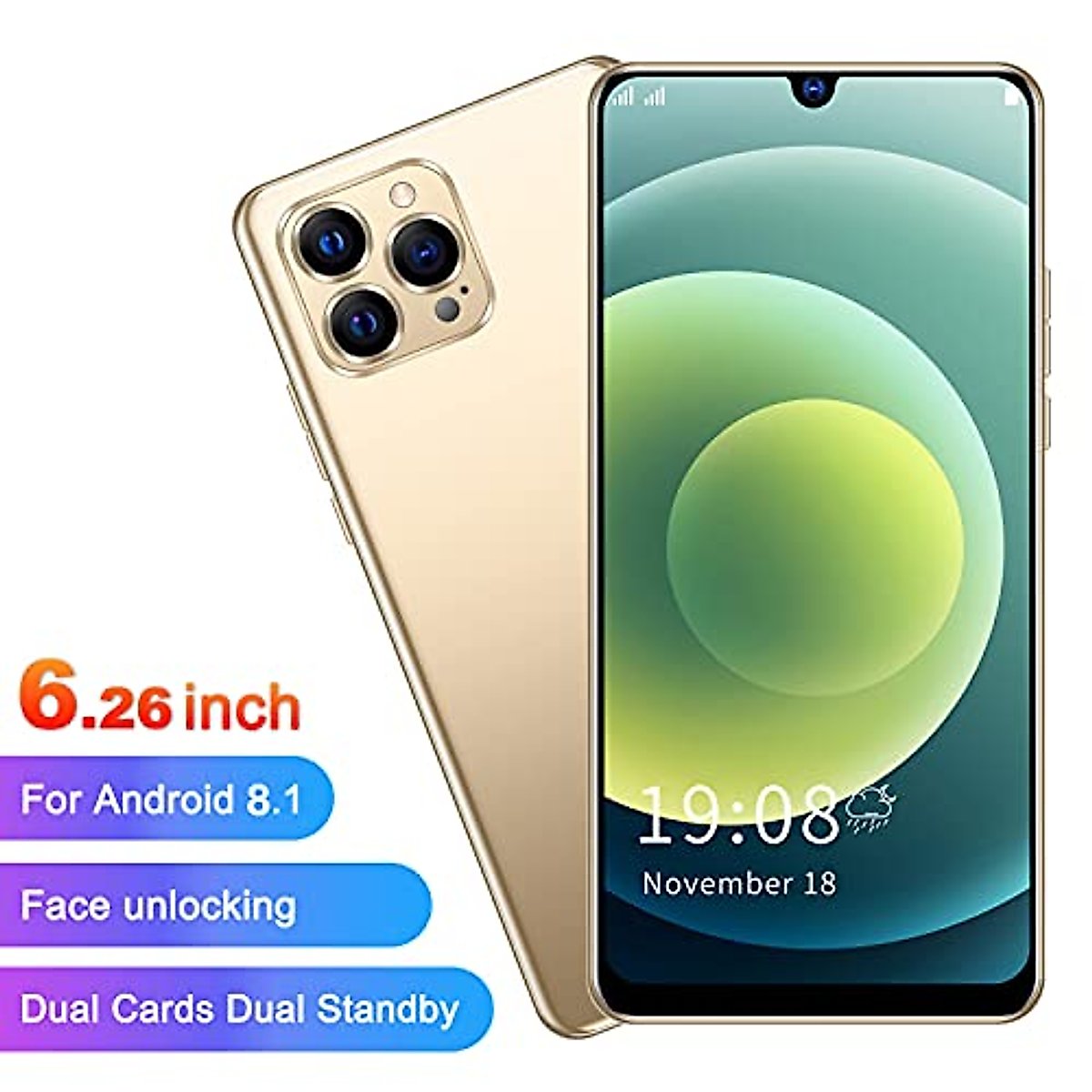 Yunseity IP12 PRO Unlocked Android Smartphone,6.26in Full Screen Dual SIM Cell Phone,Face Recognition Unlocked Android Smartphone(Gold)