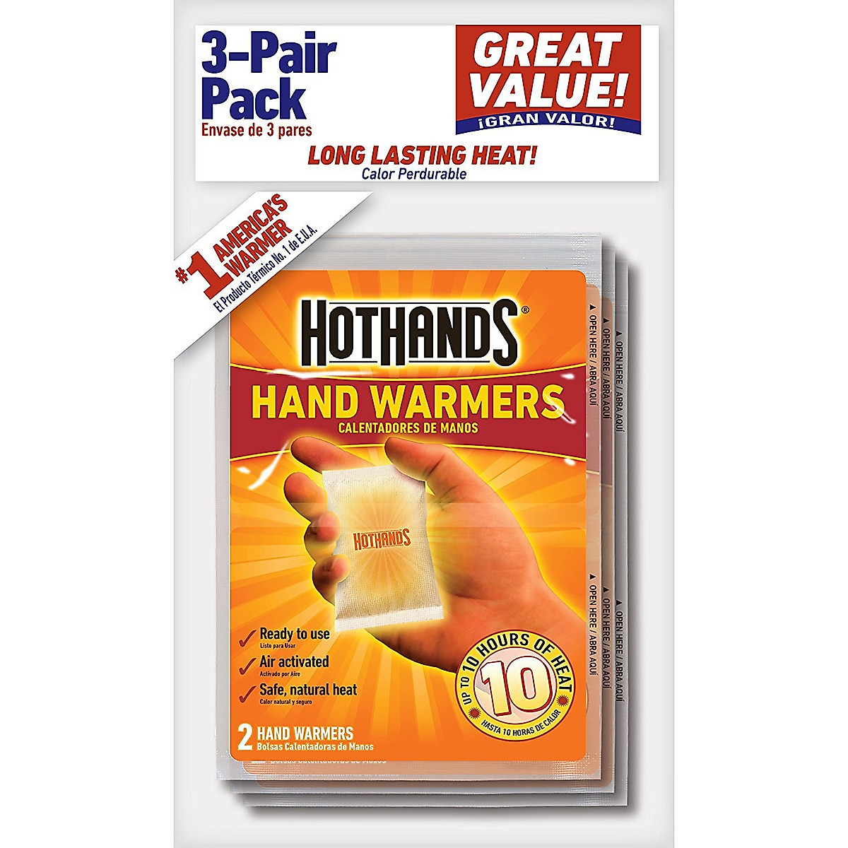 HotHands Hand Warmers - Long Lasting Safe Natural Odorless Air Activated Warmers - Up to 10 Hours of Heat - 3 Pair 3 Pack