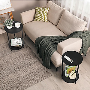 SEHERTIWY Small Round Side Table, 2 Tiers Farmhouse End Tables, Set of 2 Accent Tables for Small Spaces, Night Stands for Bedrooms Living Room, Coffee Tables with Storage Shelf, Black