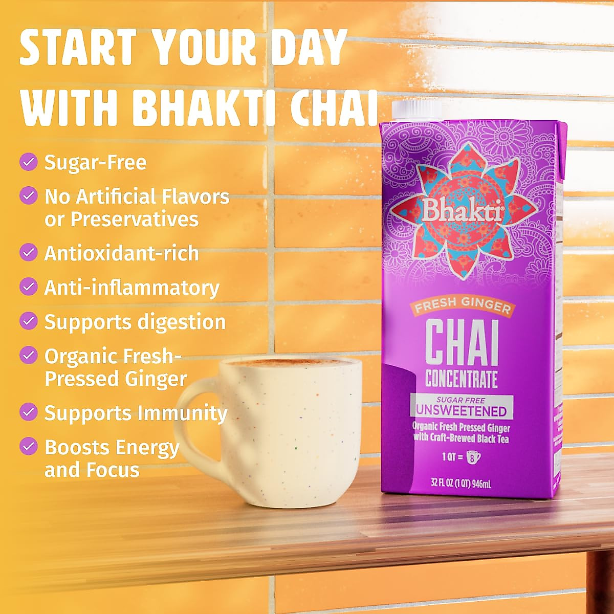 Bhakti Sugar Free Chai Concentrate, Unsweetened, Fresh Pressed Ginger and Black Tea Blend, Vegan, Organic, Gluten-Free, All-Natural Ingredients, 32 Ounce Cartons (Pack of 2)