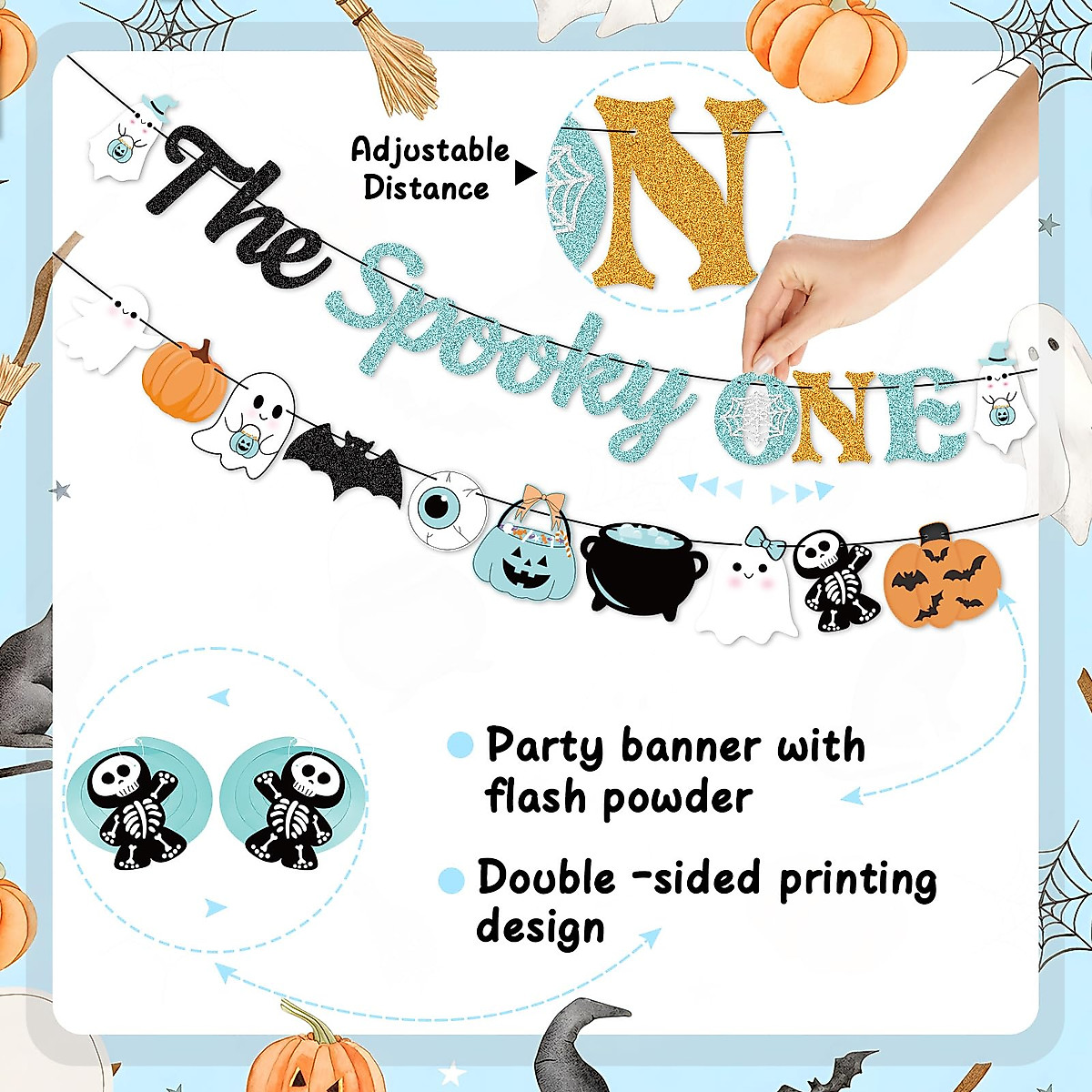 K KUMEED Blue Halloween Birthday Party Banner,The Spooky One Banner and Hanging Swirl Decorations Kit,Cute Ghost Pumpkin Bat Swirl Streamers for First Birthday Party Decorations Boys Girls