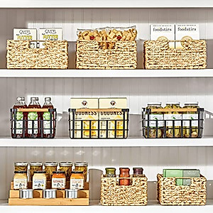 mDesign Metal Wire Food Organizer Storage Bin Basket with Bamboo Handles for Kitchen Cabinets/Pantry Organizing - Farmhouse Decor - Yami Collection - Matte Black/Natural