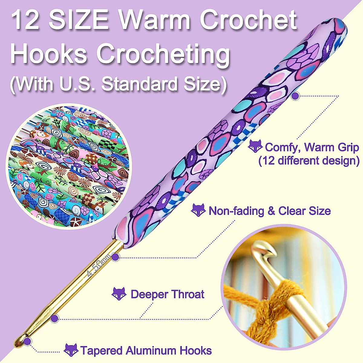 Coopay Warm Crochet Hooks Crocheting, Extra Long Crochet Hook Set for Arthritic Hands, 2.25mm to 8.0mm, 12 pcs Crochet Kit Ergonomic Grips for DIY Craft Yarn, Animal Pattern