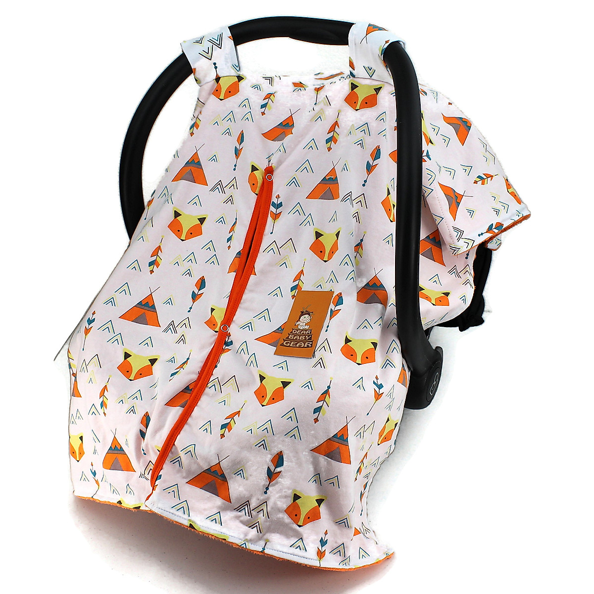 Dear Baby Gear Car Seat Canopy, Fox And Teepees, Orange Minky