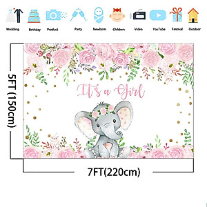 Mocsicka Elephant Baby Shower Backdrop Girl Pink Floral Little Elephant Baby Shower Background 7x5ft Blush Pink and Gold Sprinkle Elephant Baby Shower Backdrop Decorations for Girls