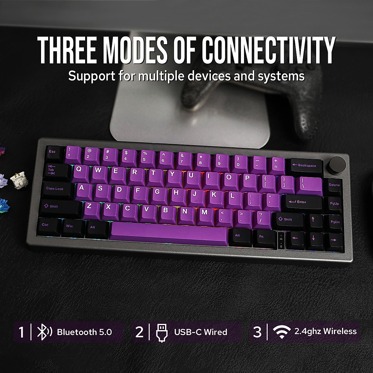 EPOMAKER EK68 65% Wireless Gaming Keyboard, Hot Swappable Gasket Mechanical Keyboard with Metal Knob, Bluetooth 5.0/2.4Ghz Wireless/USB-C Wired Custom Keyboard (Black Purple, Gateron Pro Yellow)