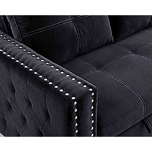 Tulib Reversible Sectional Sofa with Chaise, Sleeper Couch Storage and Pull Out Bed, Button Tufted Nail Head Trim Seating Furniture for Living Room, 91 Black