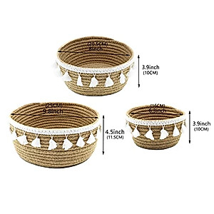 GIBZ Jute Storage Baskets with Tassel, Decorative Natural Round Basket Set Home Organizer for Bedroom, Nursery, Living Room, Bathroom White Set of 3