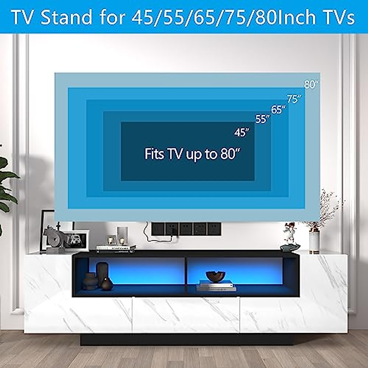 Uspeedy 70in White TV Stand for 75/80 inch TV,Modern LED TV Stand,High Gloss Entertainment Center with Large Storage Drawer,APP RGB Light,TV Console,Television Stands for Living Room(Marbling)