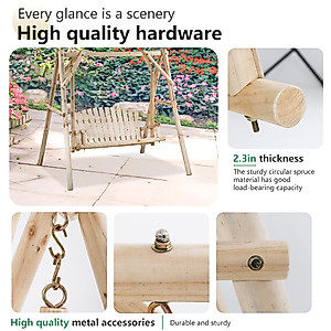 Swing and Swing Frame Combination Porch Swing with Stand Log Swing Stand 67 Inch Wooden Porch Swing A-Frame Backyard Swing Chair Outdoor Rustic Curved Garden Swing Bench, Nature