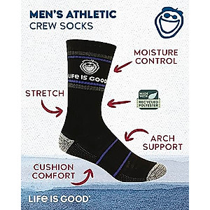 Life is Good Men's Athletic Socks - Performance Cushion Crew Socks (5 Pack), Size 6-12.5, Black