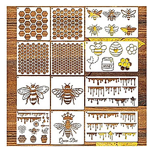 12 Pieces Bee Honeycomb Stencil, Reusable Bee Stencils for Painting on Wood Signs Furniture DIY Crafts Wall Canvas Fabric Plastic Drawing Template Hexagon Paint Wood Burning Stencils (bee)