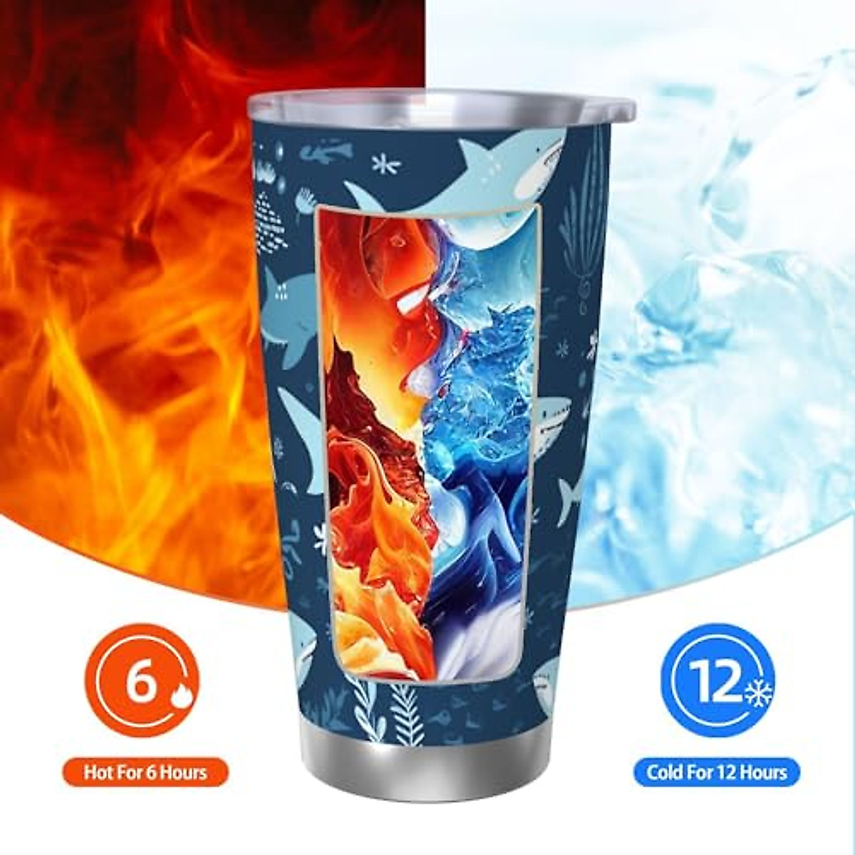 Sharks Tumbler with Lid and Straw 20oz Stainless Steel Car Cup for Hot and Cold Drinks, Double Wall Insulated Travel Coffee Mug Reusable Drink Thermos Cup Birthday Gifts