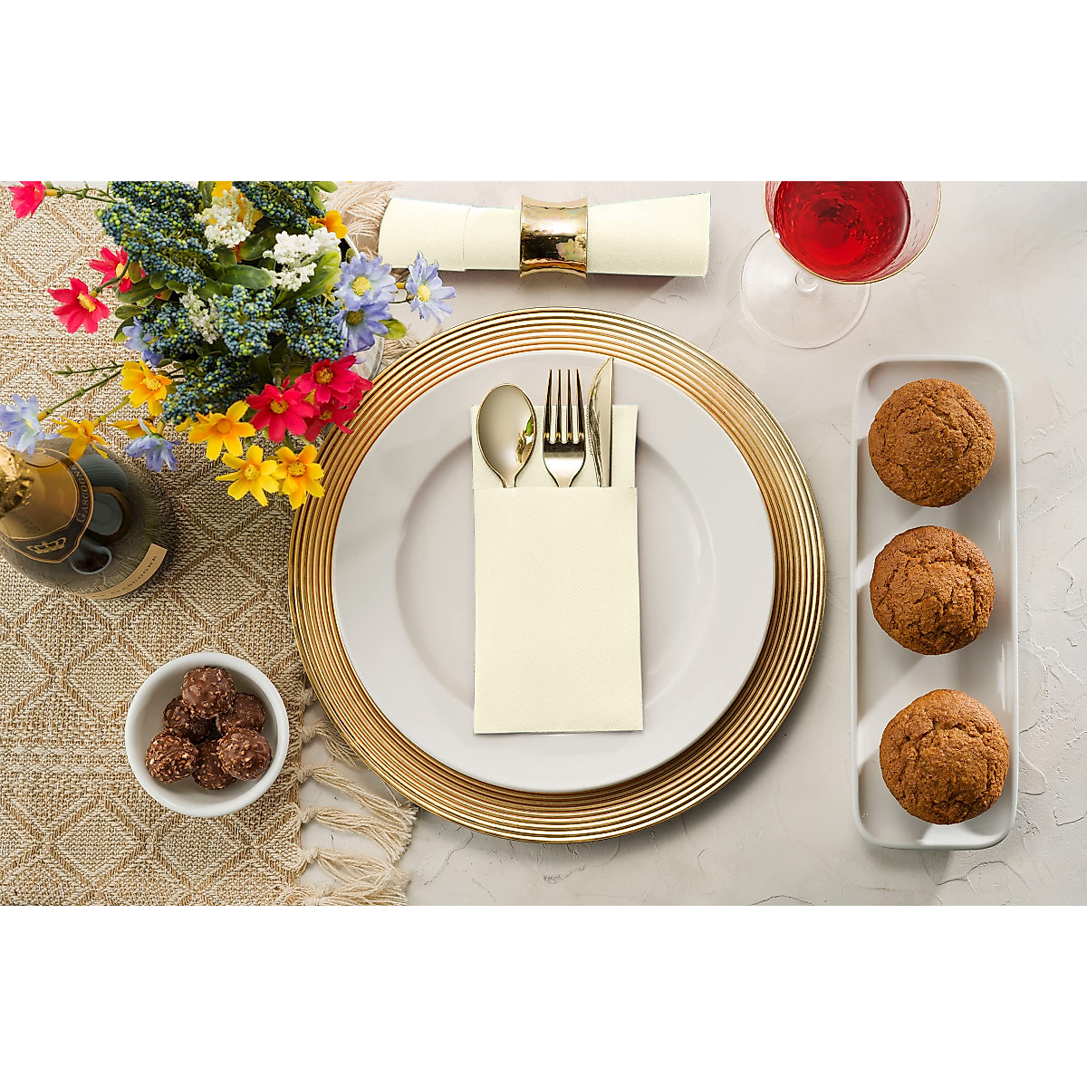 50-Pack Disposable Linen-Feel Dinner Napkins with Built-in Flatware Pocket, CREAM Prefolded Cloth Like Paper Napkins For Dinner, Wedding Or Party [Silverware NOT Included]