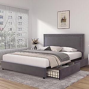 VECELO Queen Size Upholstered Platform Bed Frame with 4 Storage Drawers, Adjustable Velvet Rivets Headboard, Wooden Slats Support, No Box Spring Needed, Easy Assembly