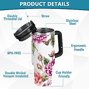 Yasala Car Tumbler with Handle Peony Butterfly Watercolor Travel Mug Coffee Cup Insulated Beverage Container Mega Cup for Hot Cold Drinking Thermos Water Bottle Cupholder Friendly 40 oz