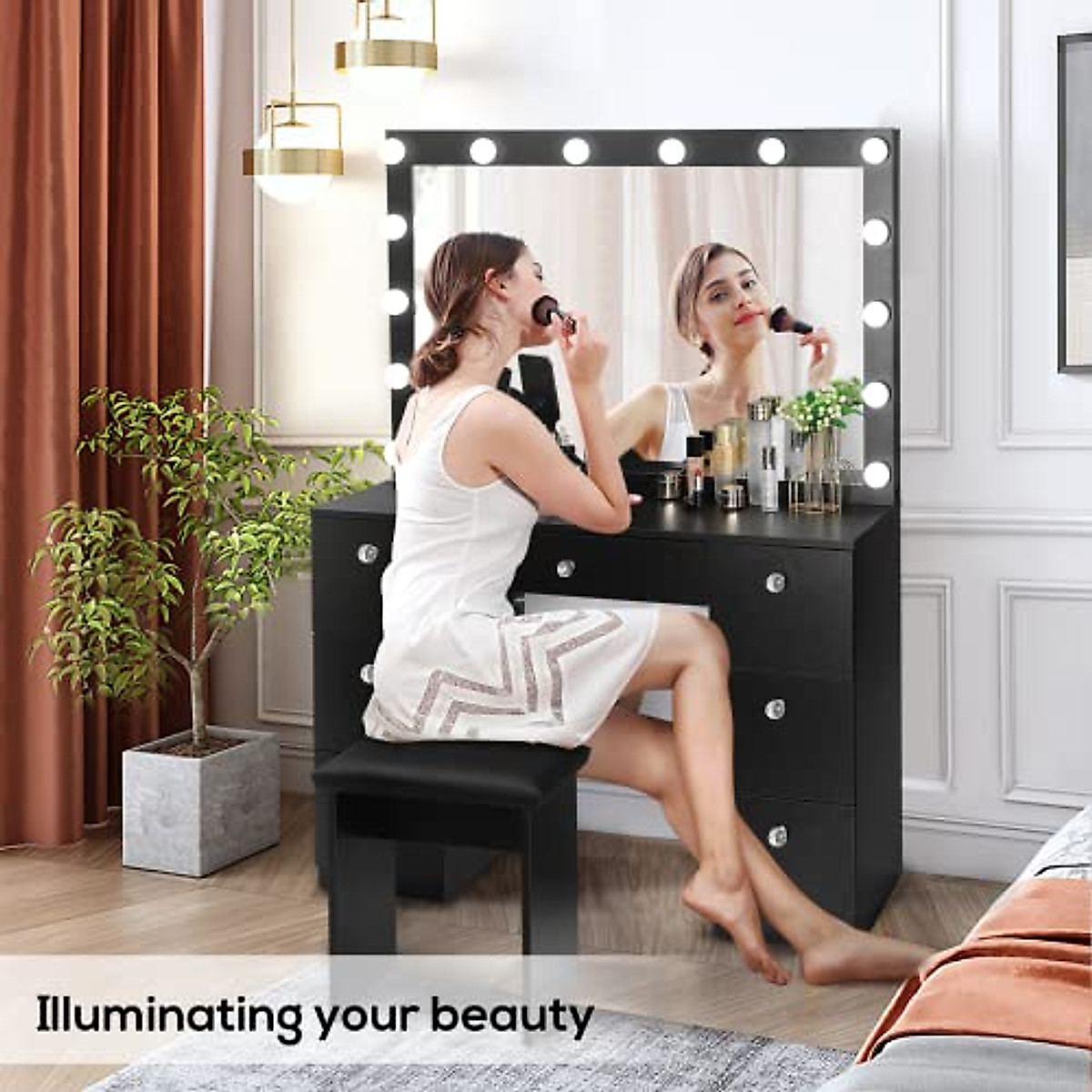 SMOOL Vanity with Lighted Mirror, Makeup Desk Power Outlet and LED Bulbs, 3 Color Lighting Modes Adjustable Brightness, 7 Drawers Table Cushioned Stool for Women Girls, 44'' L, 2-black
