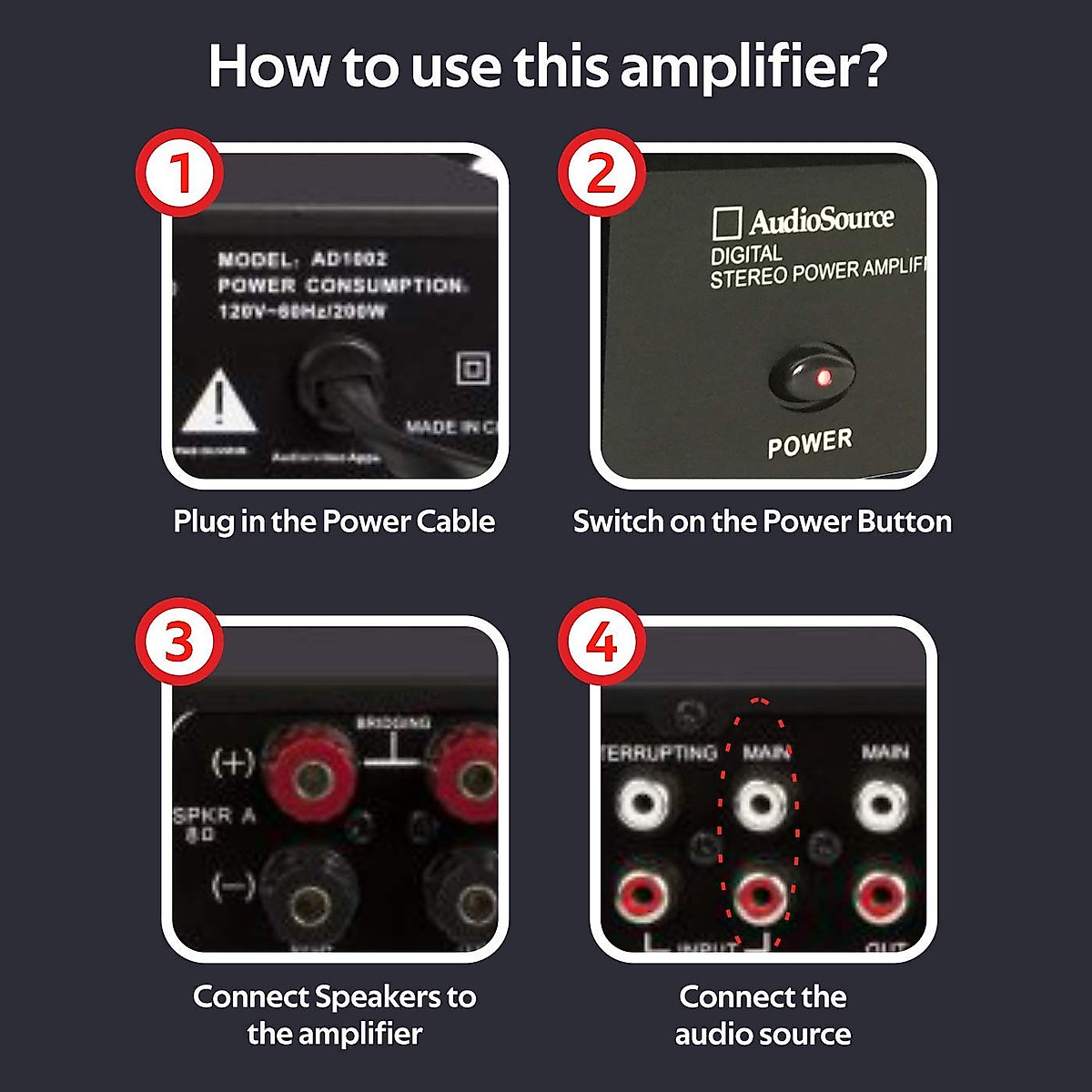 AudioSource Digital Amplifier, 2 Channel Stereo Power D Amplifier AD1002 for Home Sound Systems