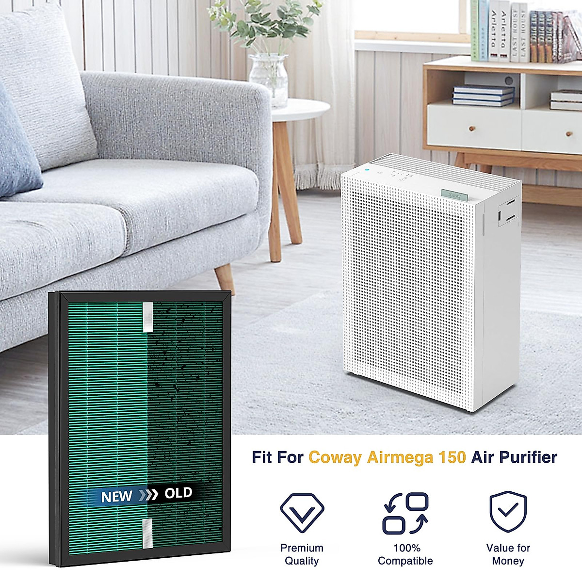 Filter Replacement Sets for Coway Airmega 150 Air Purifier, 2 Green True HEPA and 8 Active Carbon Filter, AP-1019C-FP
