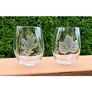 Fall leaves glass set, etched wine glass, etched maple leaf glass, oak leaf glass, stemless barware, for wine lovers, hostess gift