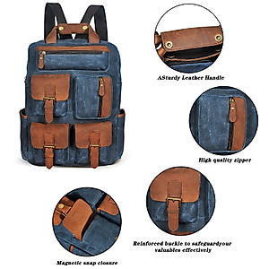 Handadsume Water Resistant Canvas + Leather Large Travel Backpack Rucksack Knapsack Laptop School Bag For Men FB1170 (The Blue)