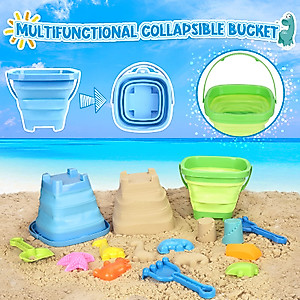 FHOZGECY Beach Toys, 31Pcs Sand Toys, Sandbox Toys with 2 Truck 2 Collapsible Sand Bucket, Shovel Set, Sand Castle Kit, Animal Dinosaur Molds etc. Mesh Bag, Travel Toys for Kids Toddlers Boys Girls