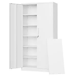 Letaya Metal Storage Cabinets with Lock Door,Steel Locker Garage Cabinets 5 Adjustable Shelves for Home,Office, Warehouse(White)