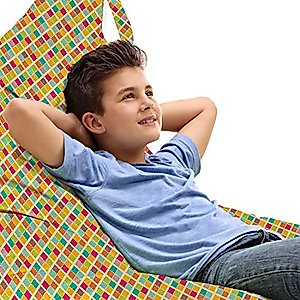 Ambesonne Retro Lounger Chair Bag, Geometric Ornament in Lively Colors and Checkered Childish Mosaic Design, High Capacity Storage with Handle Container, Lounger Size, Multicolor
